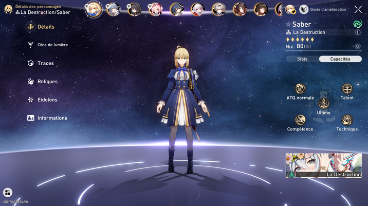 Saber Build Honkai Star Rail : team, cône, compétences, reliques ...