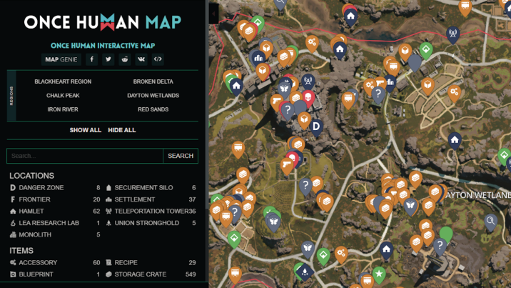 Map interactive Once Human : Caisse mystique, Tour de téléportation ...