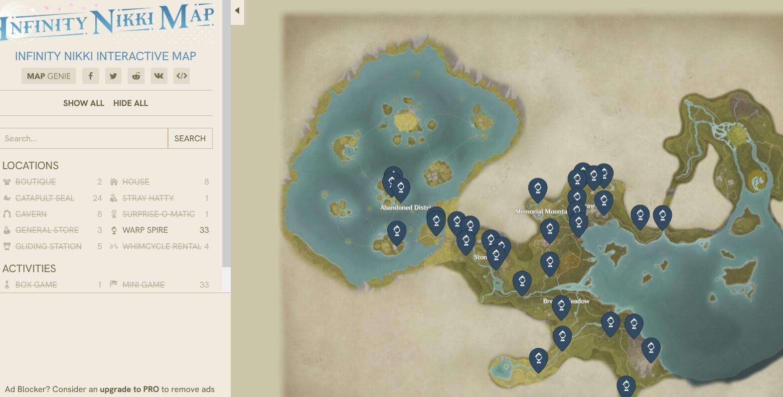 Map interactive Infinity Nikki : Étoiles de chic, ressources... Tout ...